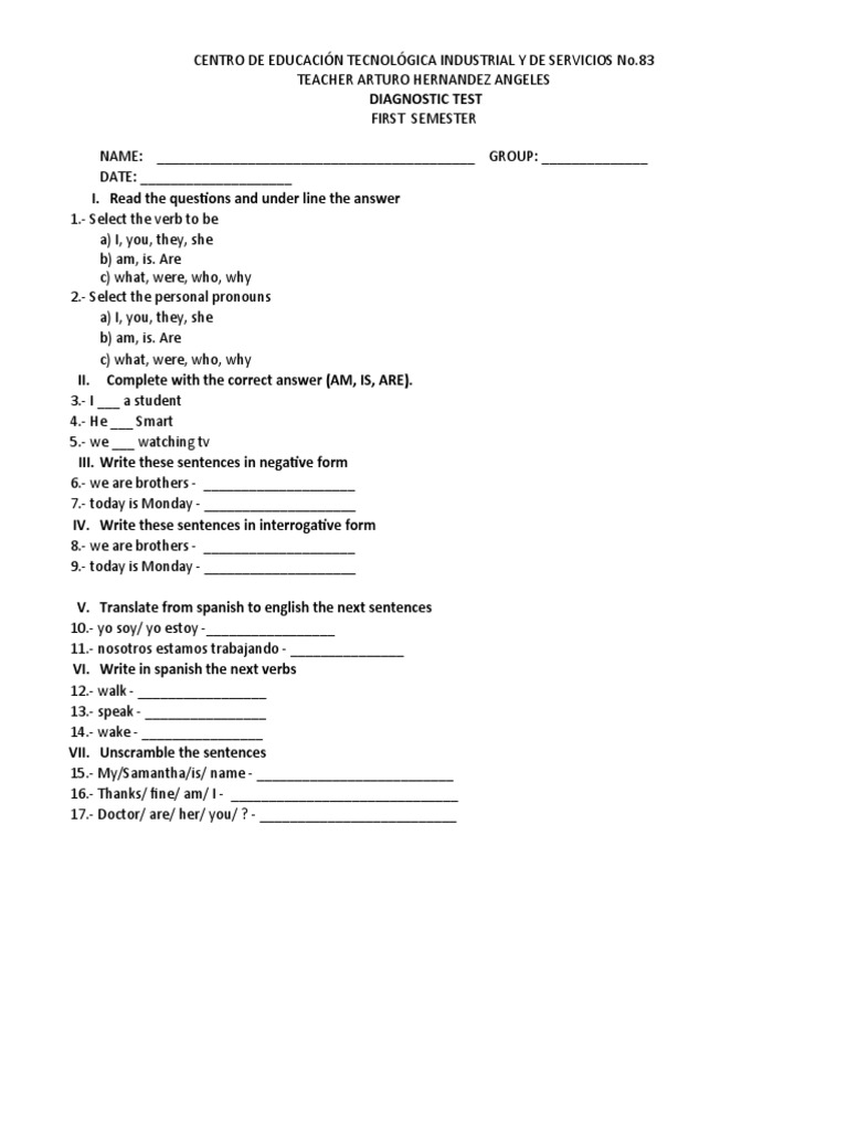 Diagnostic Test for English Basics | PDF