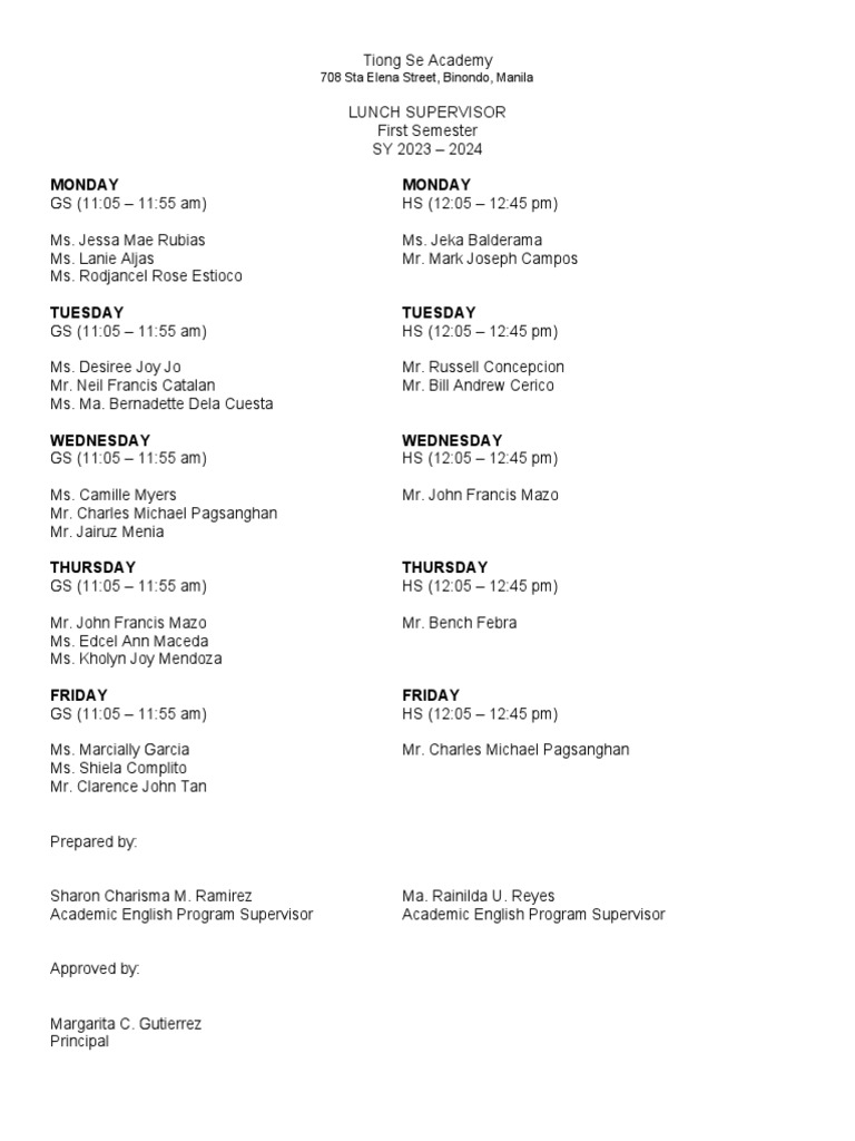 Tiong Se Academy Lunch Supervisor Schedule | PDF