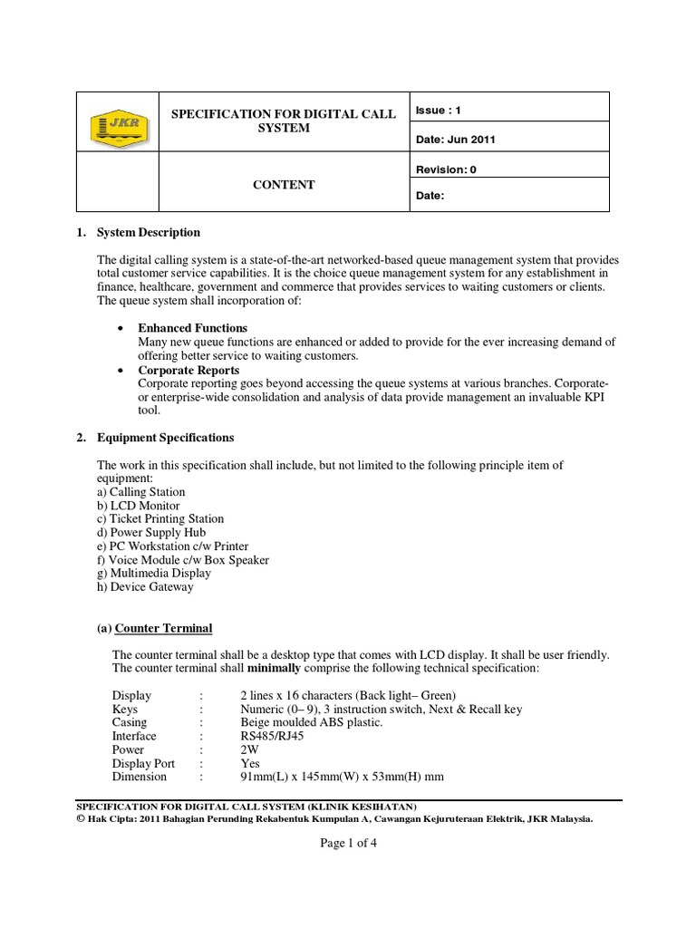 Specification For Digital Call System | PDF | Computer Monitor ...