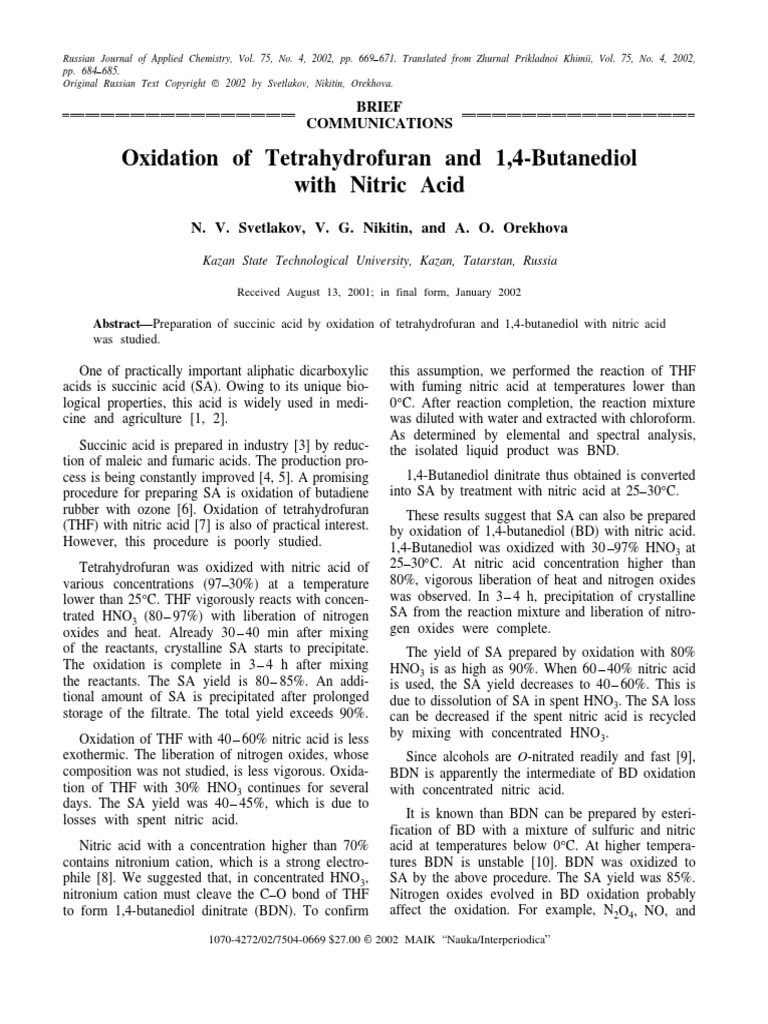 Oxidation of Tetrahydrofuran and 1,4-Butanediol With Nitric Acid | PDF ...