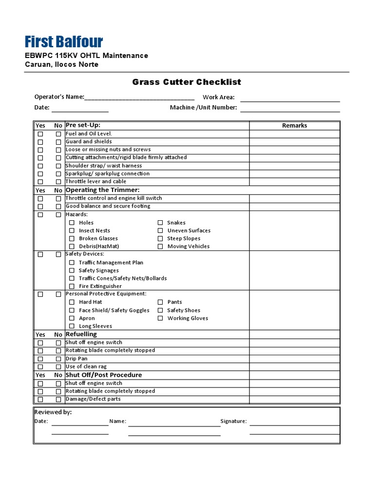 Grass Cutter Checklist | PDF Grass Cutter Checklist | PDF