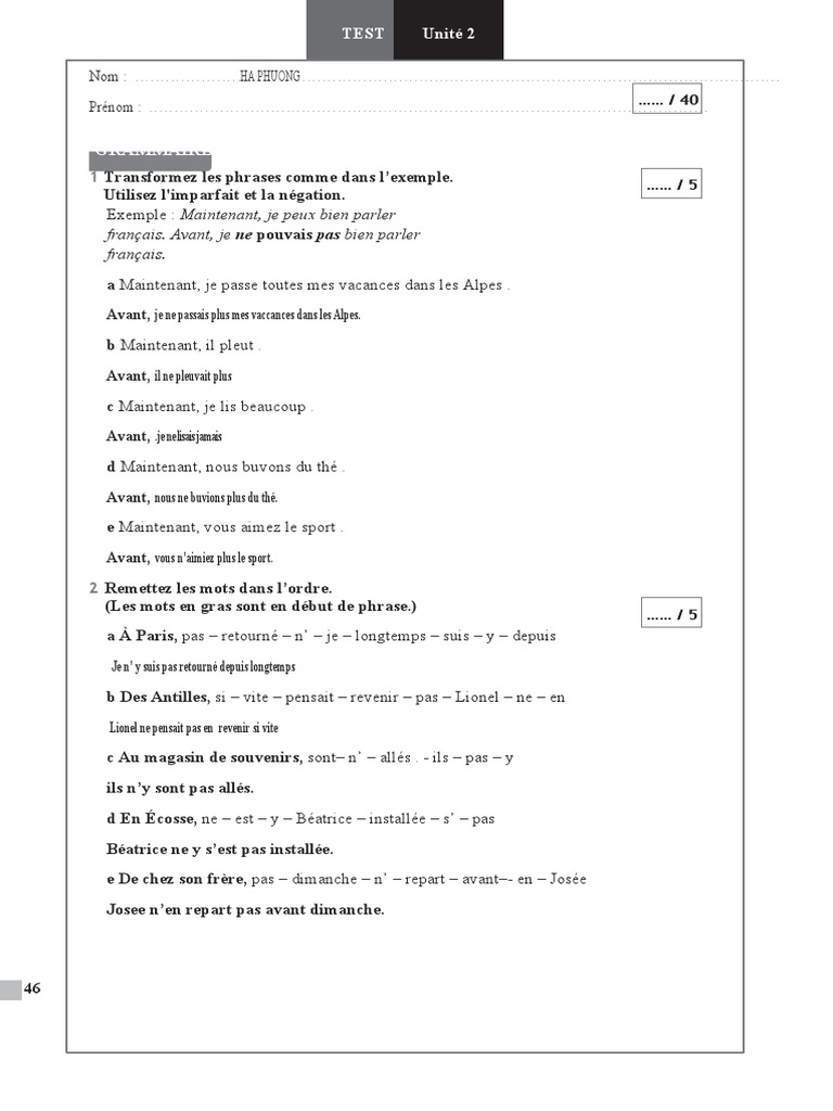 Test Unité 2 - A2 | PDF