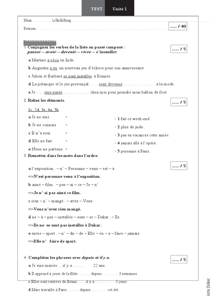 Examen A2: Passé Composé et Vocabulaire | PDF