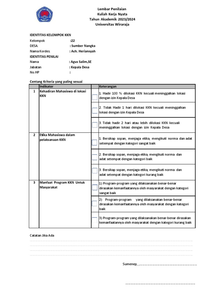 Form Penilaian Kades KKN 2023 | PDF