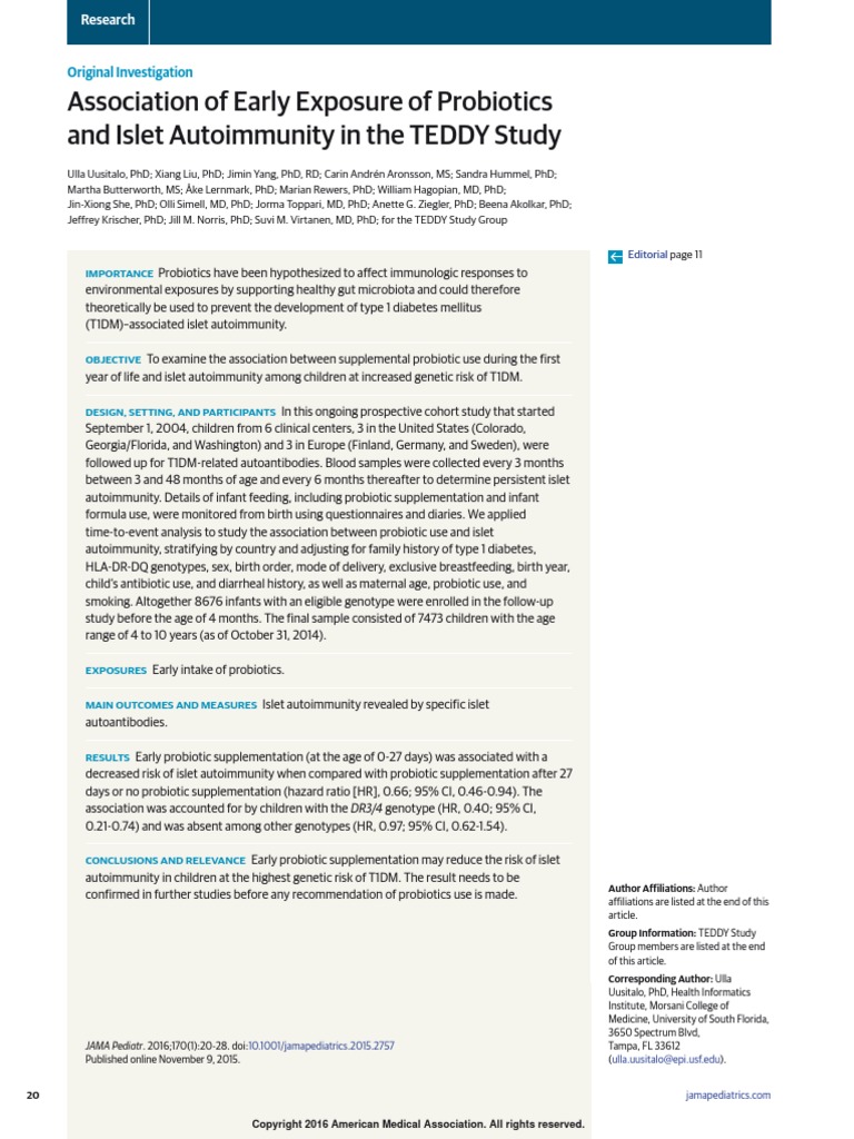 Association of Early Exposure of Probiotics and Islet Autoinmmunity in ... Association of Early Exposure of Probiotics and Islet Autoinmmunity in ...
