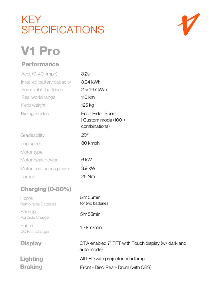 Vida V1 Pro Spec Sheet | PDF
