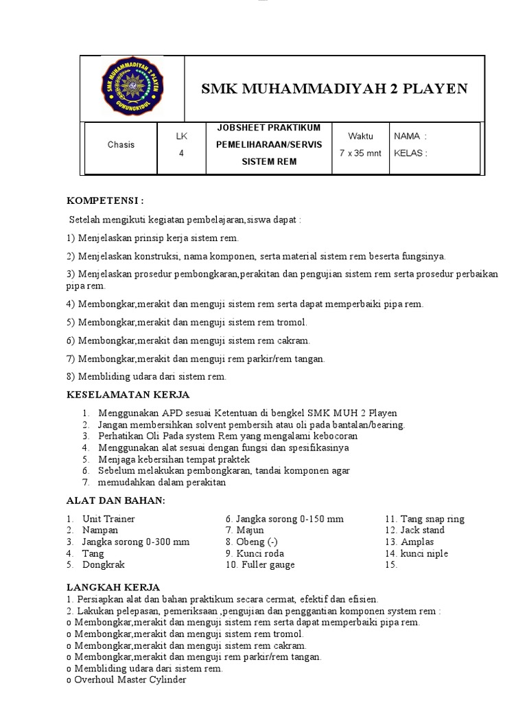 Jobsheet Pemeliharaan Sistem Rem | PDF | Teknologi & Rekayasa