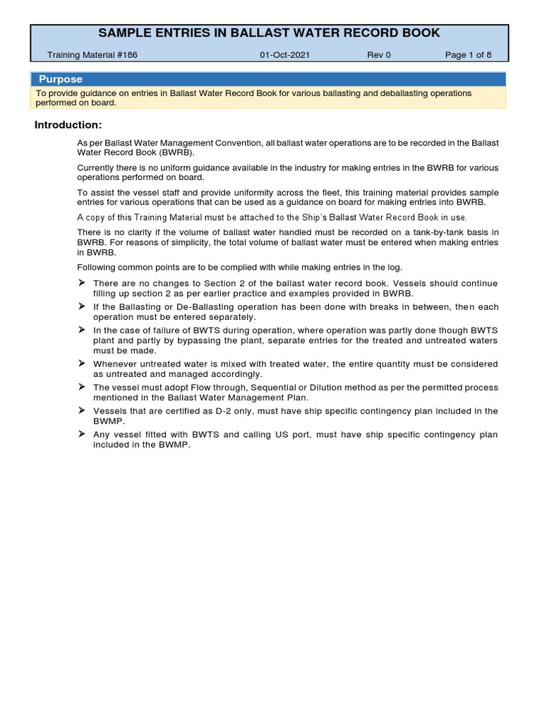 Training Material 186 Company Guidelines On Ballast Water Record Book ...