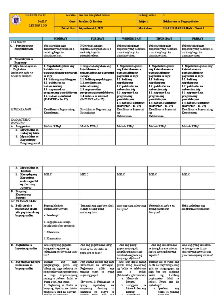 DLL WEEK 1 ESP gr.5 | PDF