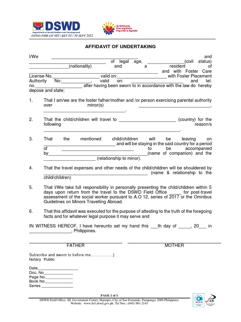 DSWD PMB GF 002 - REV 02 - Affidavit of Undertaking | PDF | Common Law ... DSWD PMB GF 002 - REV 02 - Affidavit of Undertaking | PDF | Common Law ...