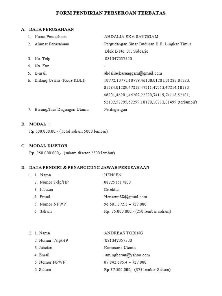 FORM Pendirian PT | PDF