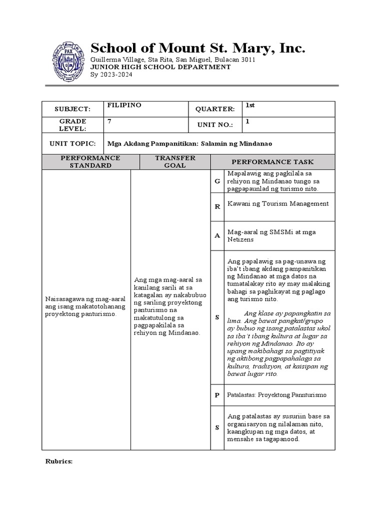 Performance Task Filipino 7 q1 | PDF