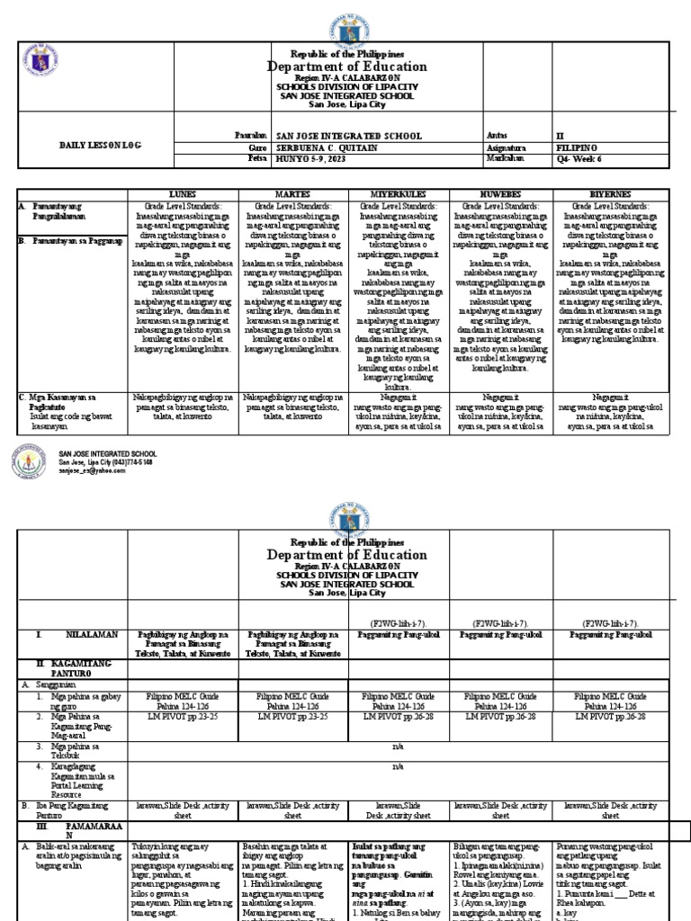 Filipino Week 6 DLL Q4 | PDF