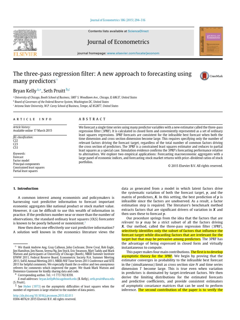 The Three-Pass Regression Filter A New Approach To Forecasting Using Many Predict | Download ...
