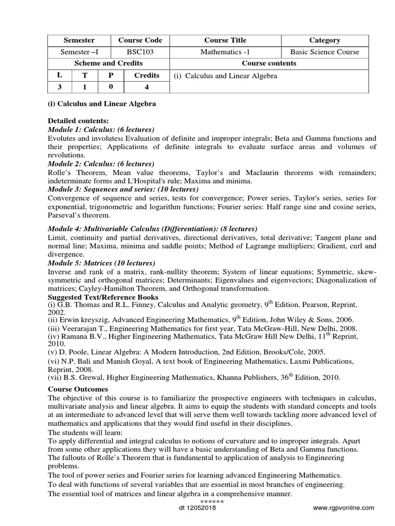 RGPV Syllabus Btech 1 Sem bsc103 Mathematics 1 | PDF | Matrix ...