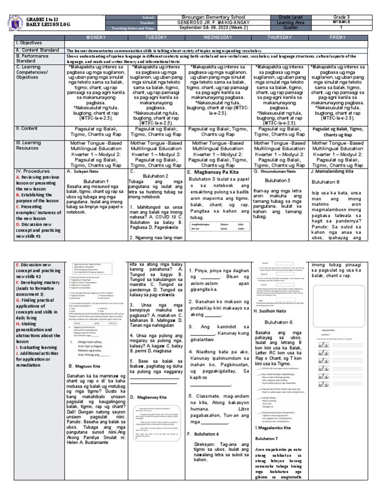 MTB-MLE-1st QUARTER-DLL-WEEK-2 | PDF
