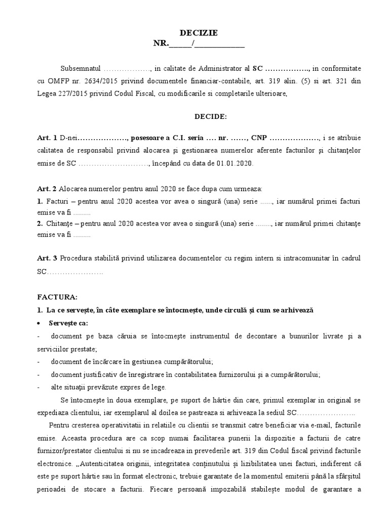 Decizie Numerotare Facturi | PDF