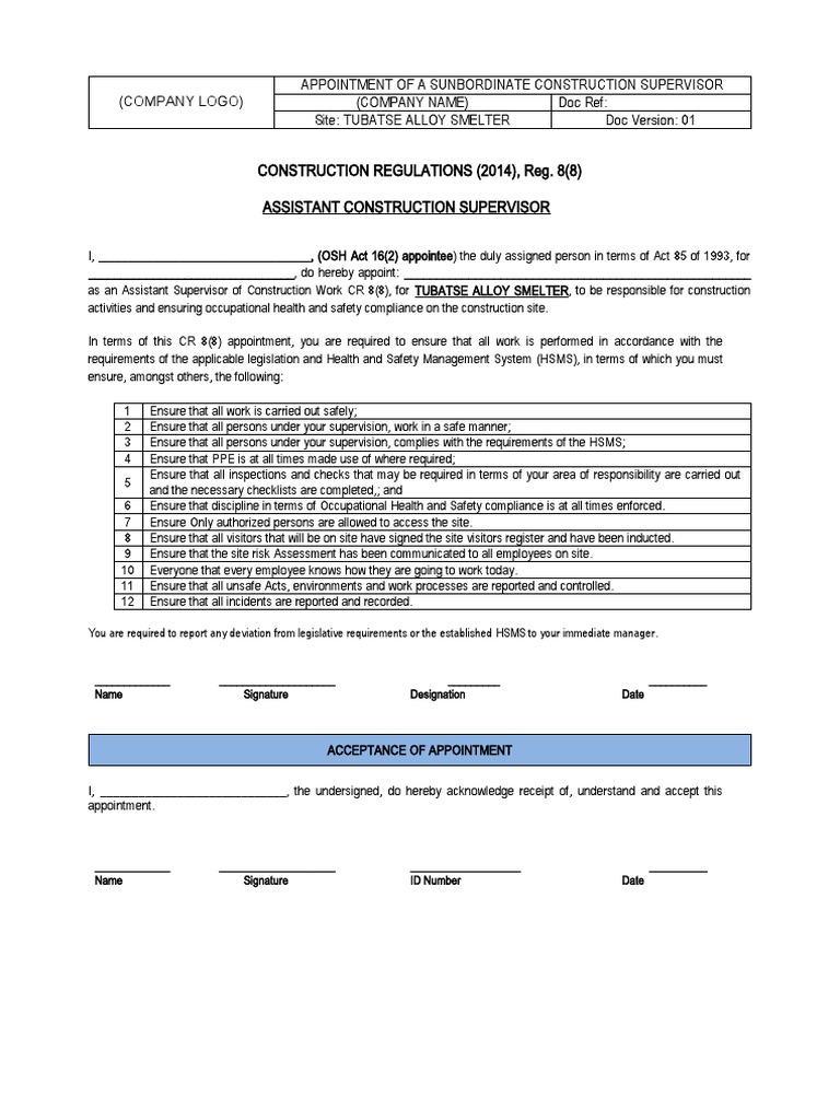CR 8.8 Assistant Construction Supervisor TEMPLATE | PDF | Occupational ...
