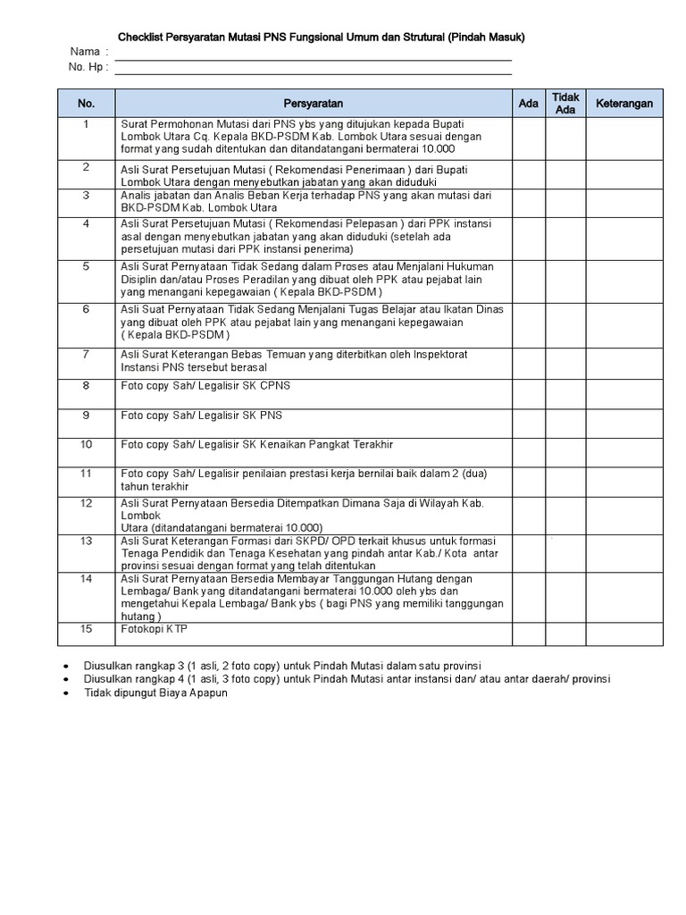 Checklist Persyaratan Mutasi PNS Fungsional Umum Dan Strutural | PDF