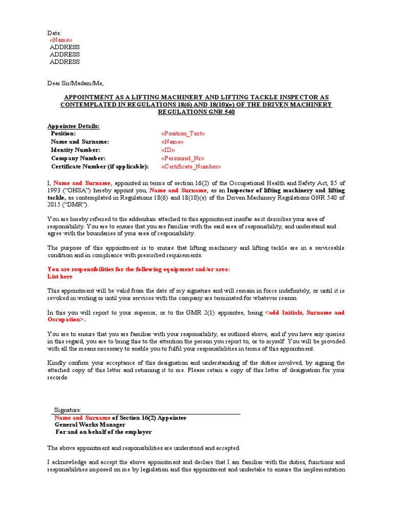 OHSA019 - Appointment Ito Reg 18 5 18 6 and 18 10 e - Lifting Machinery ...