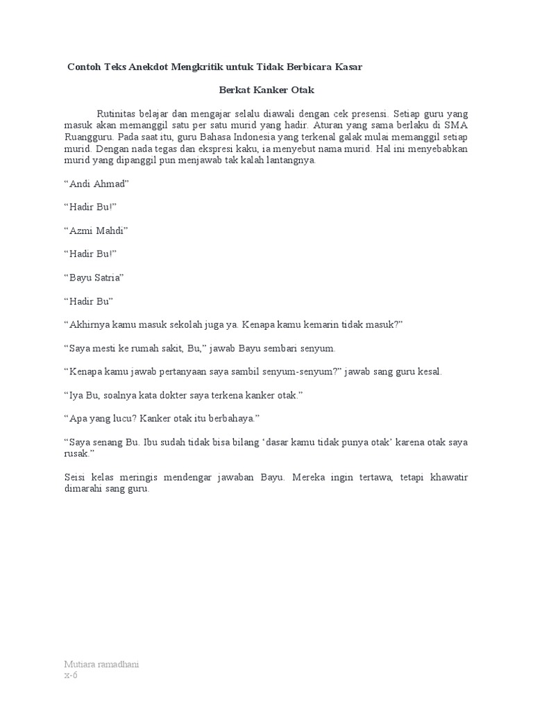Contoh Teks Anekdot Mengkritik Untuk Tidak Berbicara Kasar | PDF