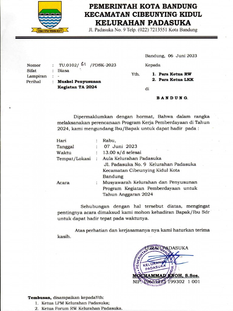 Surat Undangan Muskel Penyusunan Kegiatan TA 2024 | PDF