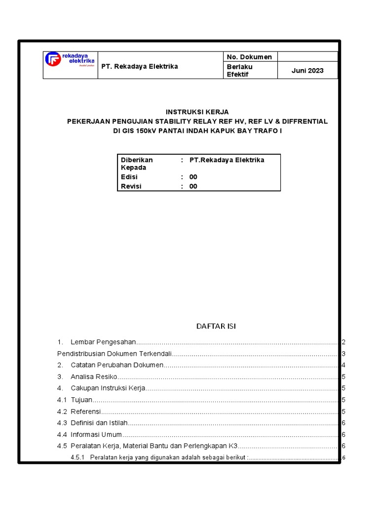 Ik Pekerjaan Pengujian Stability Relay Ref HV, Ref LV & Diffrential - Gis 15okv-Bay Trafo 1 | PDF