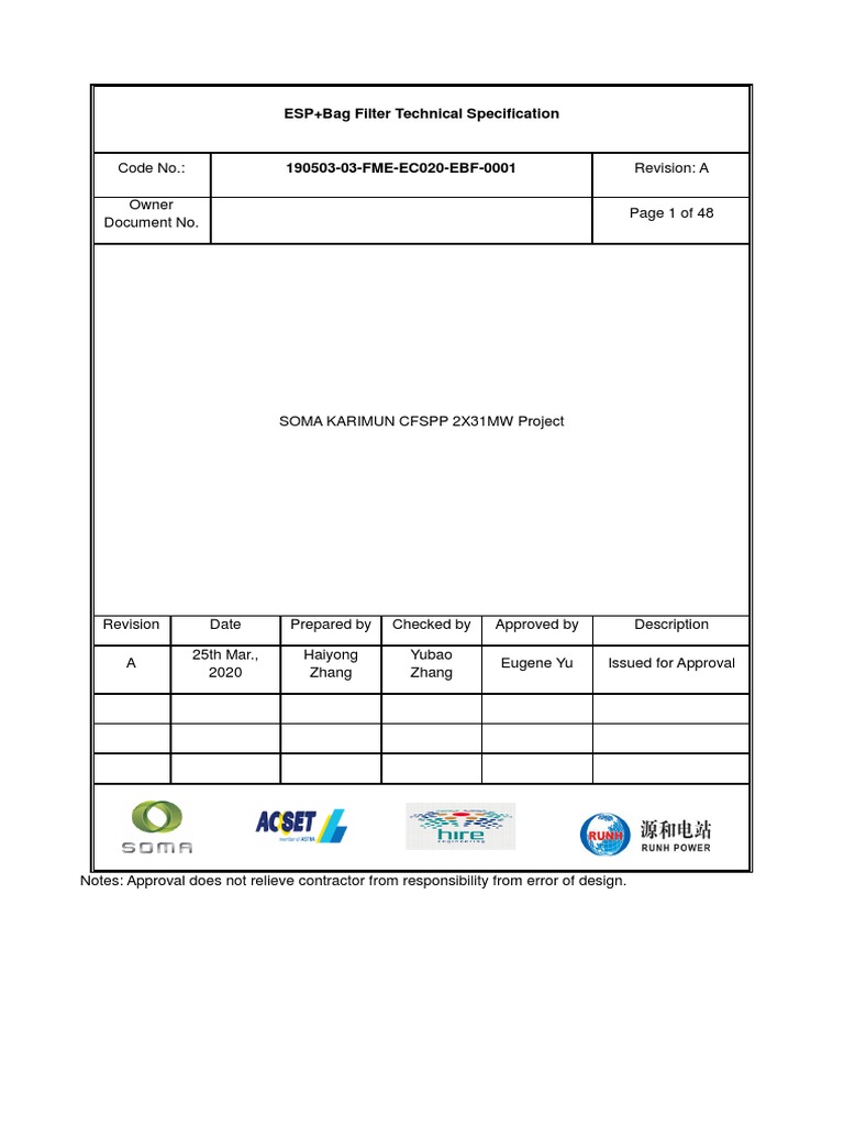 ESP+Bag Filter Technical Specifications | PDF | Specification ...