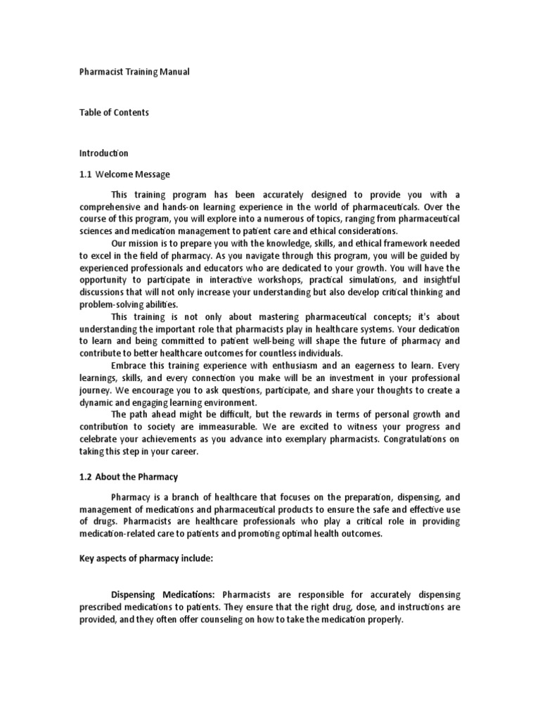 Pharmacist Training Manual Overview | PDF