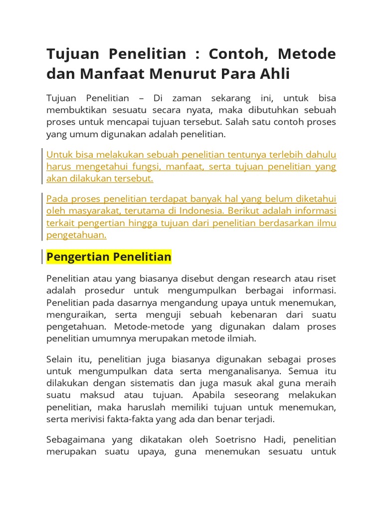 Tujuan Penelitian - Contoh, Metode Dan Manfaat Menurut para Ahli | PDF