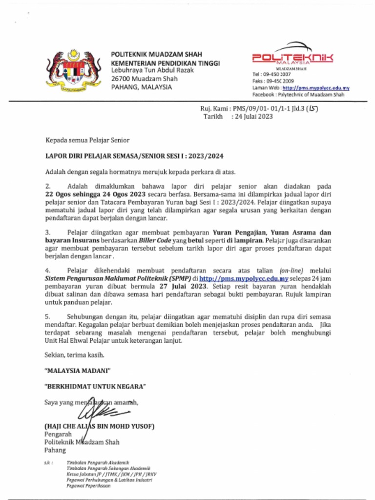 Surat Lapor Diri Pelajar Senior Sesi I 2023 - 2024 | PDF