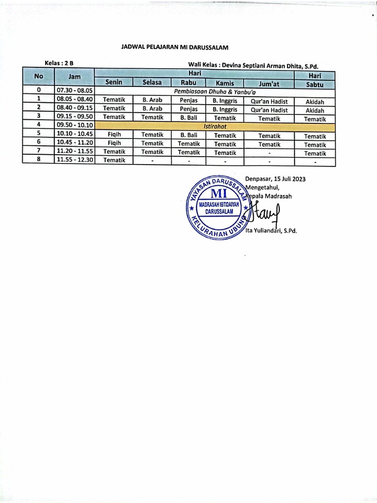 Jadwal Pelajaran Mi Darussalam 2023-2024 | PDF