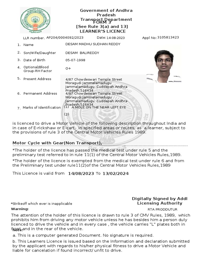 Government of Andhra Pradesh Transport Department: Warning | PDF | Road ...