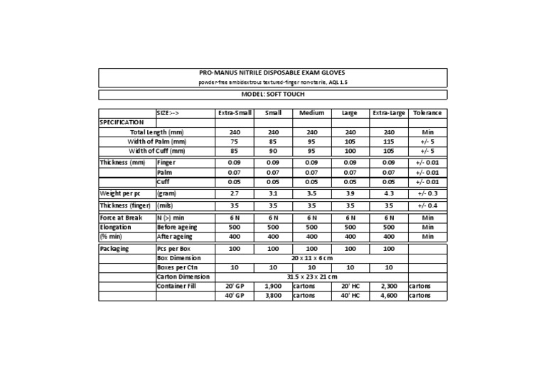 Pro-Manus SOFT TOUCH Nitrile Exam Glove Spec Sheet | PDF