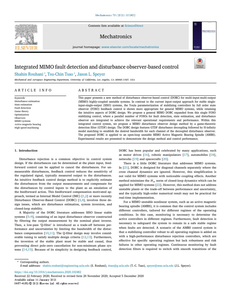 2021 Integrated MIMO Fault Detection and Disturbance Observer-Based ...