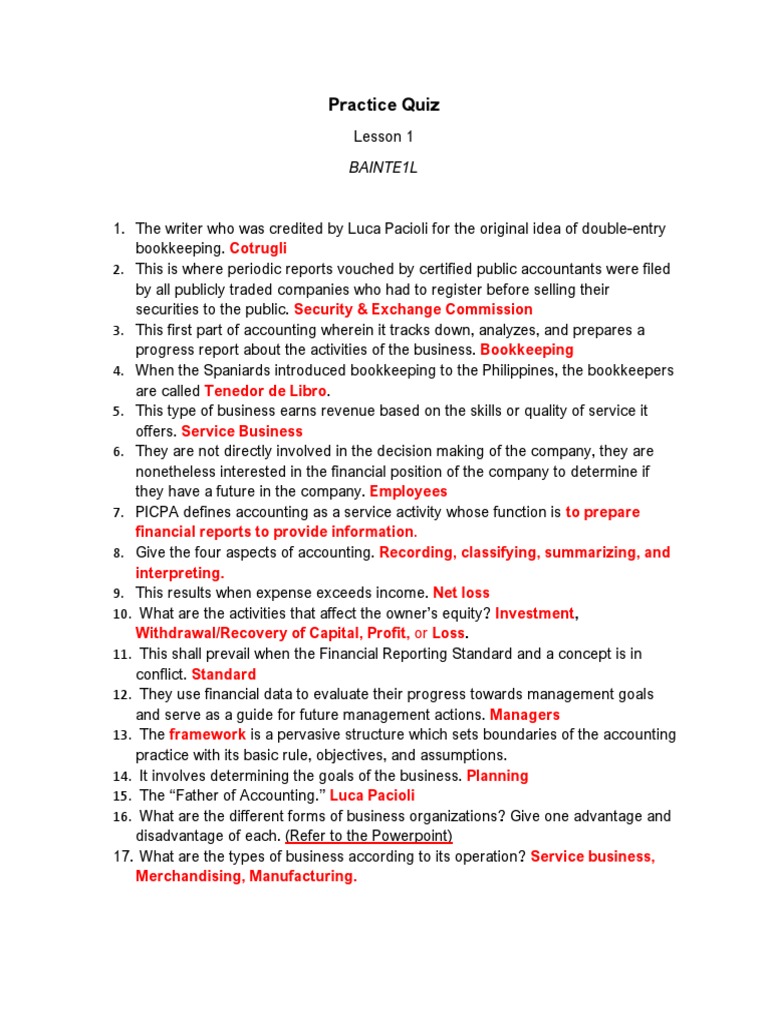 L01 Practice Quiz Answer Key (BAINTE1L) | PDF | Bookkeeping | Accounting
