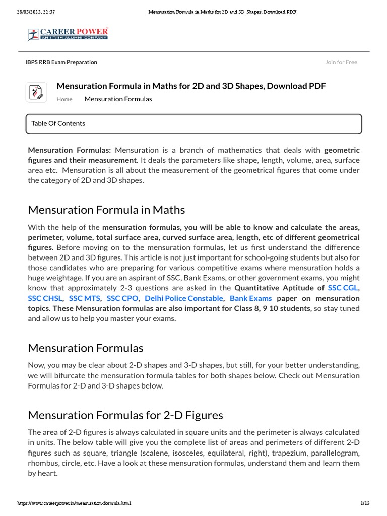 Mensuration Formula in Maths For 2D and 3D Shapes, Download PDF | PDF ...