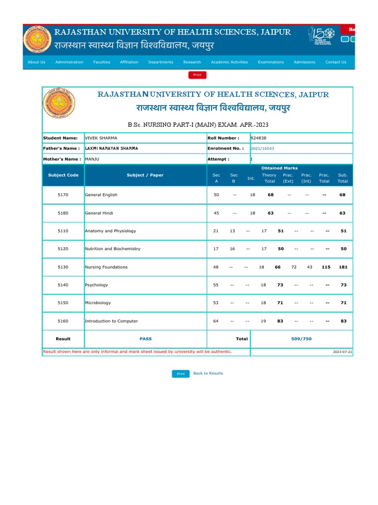 BSC Nursing Part 1 Results | PDF