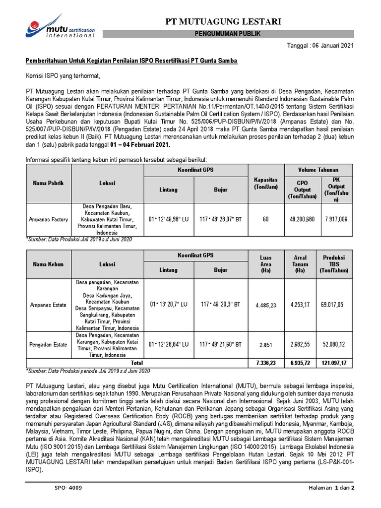 Penilaian ISPO PT Gunta Samba 2021 | PDF