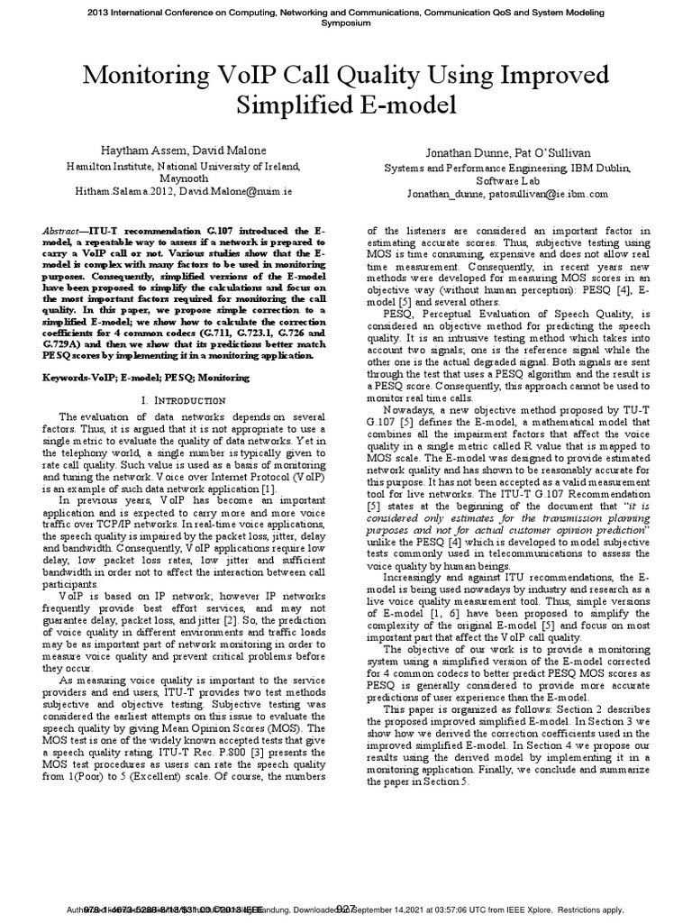 Monitoring VoIP Call Quality Using Improved Simplified E-Model | PDF ...