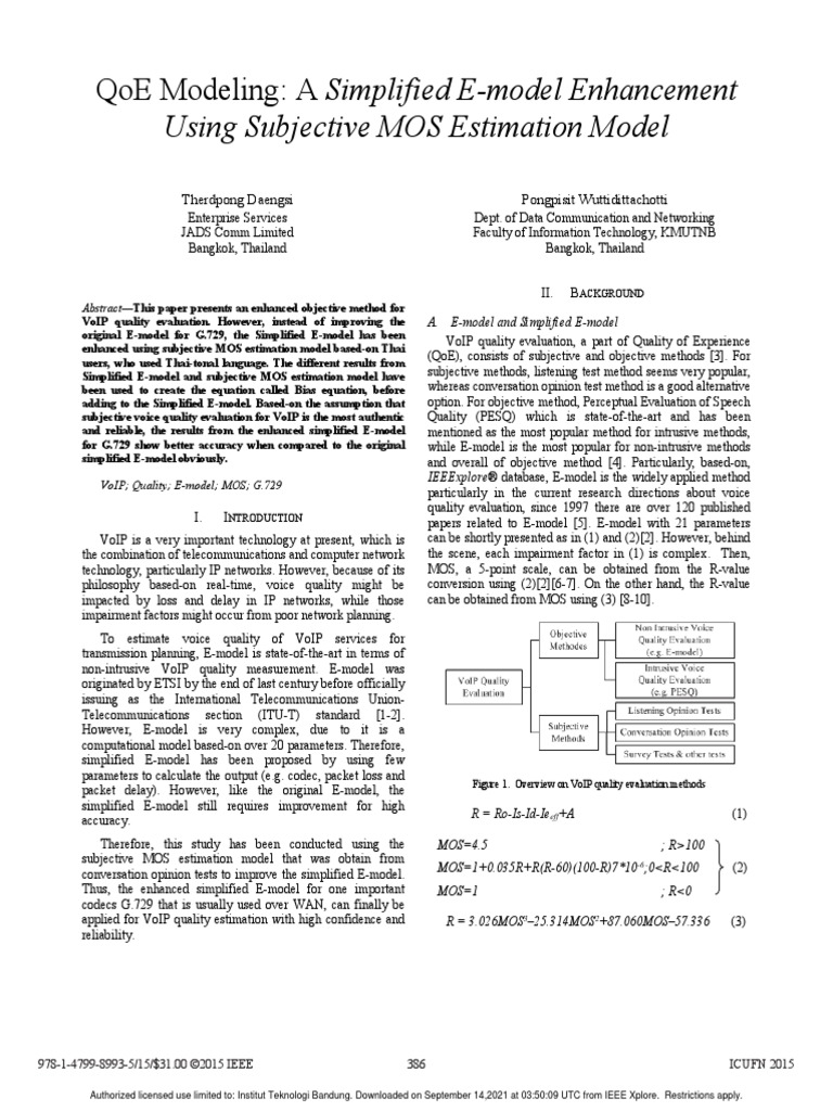 QoE Modeling A Simplified E-Model Enhancement Using Subjective MOS Estimation Model | PDF