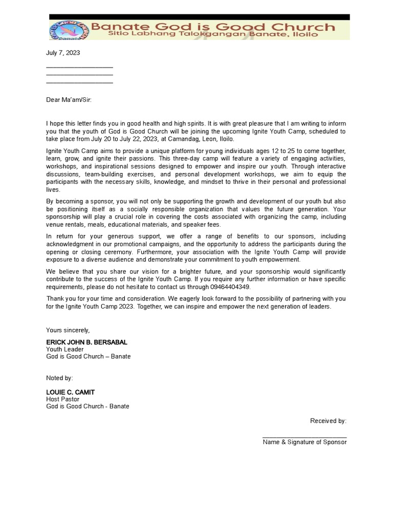 Solicitation Letter For Ignite Youth Camp 2023 | PDF
