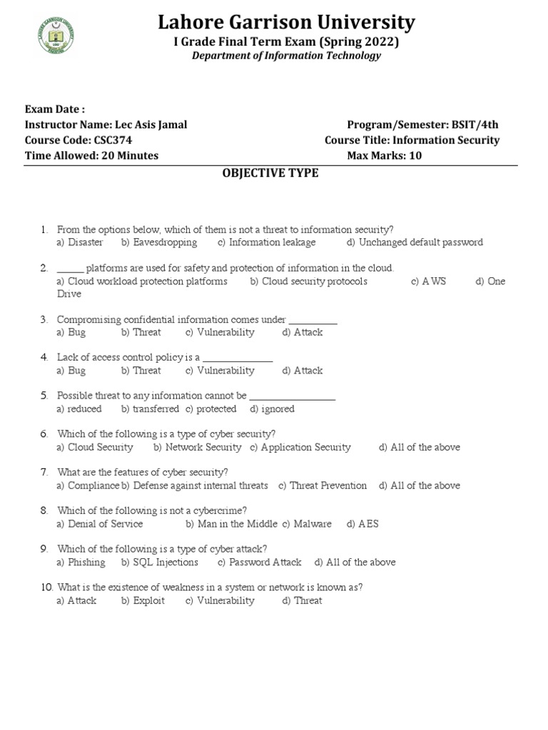 I Grade LGU Final Term Paper IS Spring 2022 | PDF | Security | Computer ...