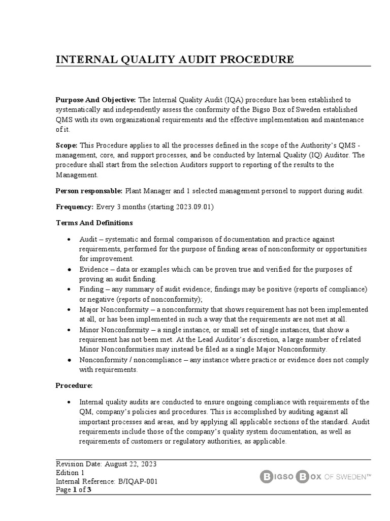 Internal Quality Audit Procedure | PDF | Audit | Accounting