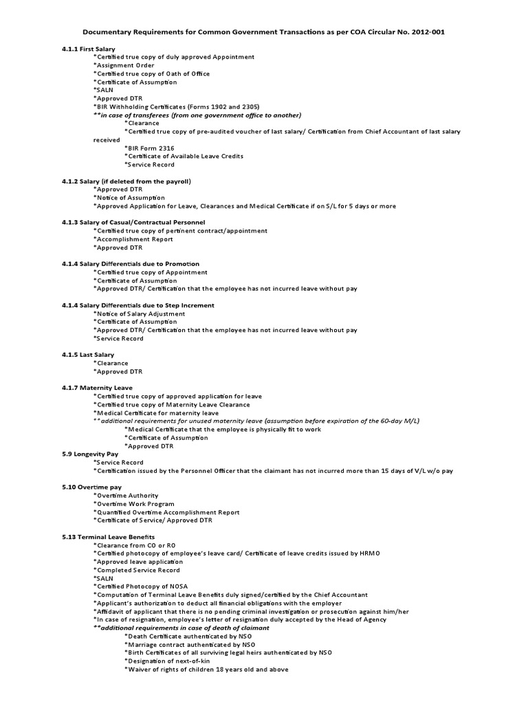 COA Circular 2012-001: Documentary Requirements | PDF | Economies | Labor