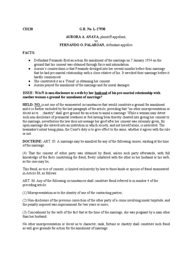Anaya V Palaroan Case Digest | PDF | Marriage | Annulment
