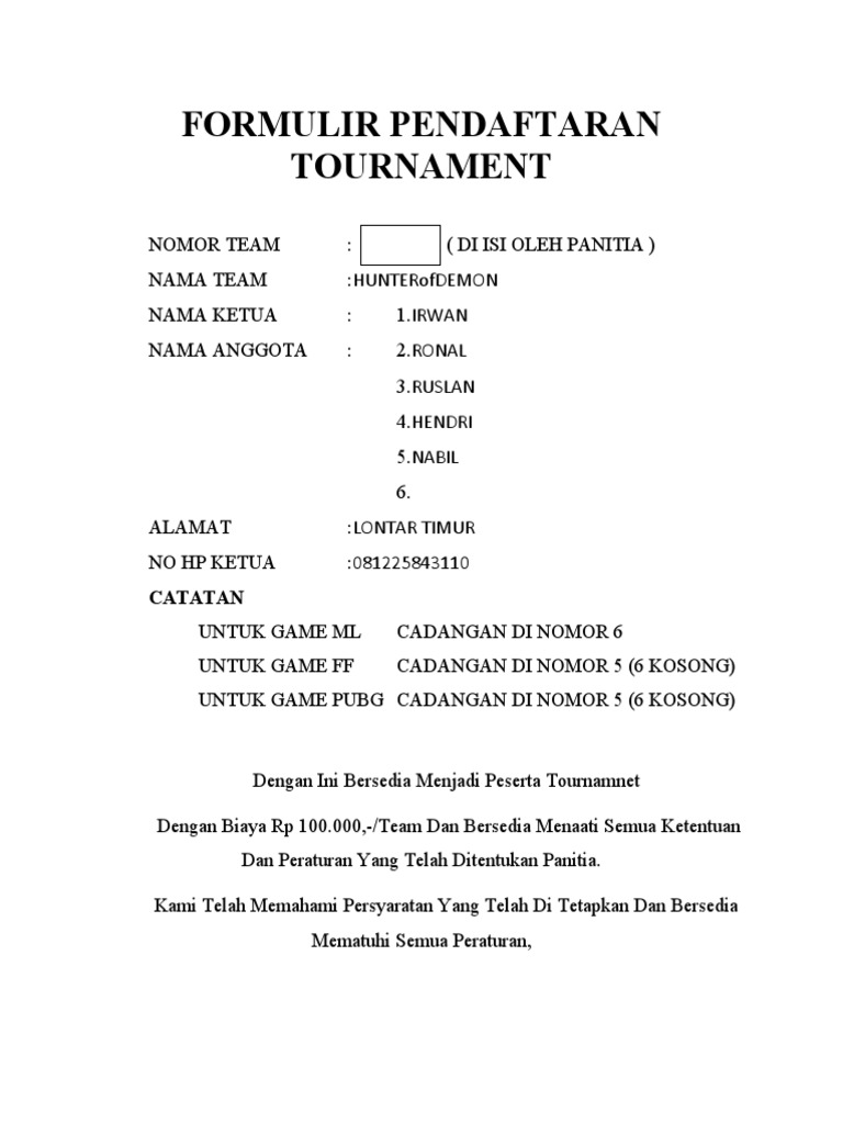 Formulir Pendaftaran Tournament | PDF