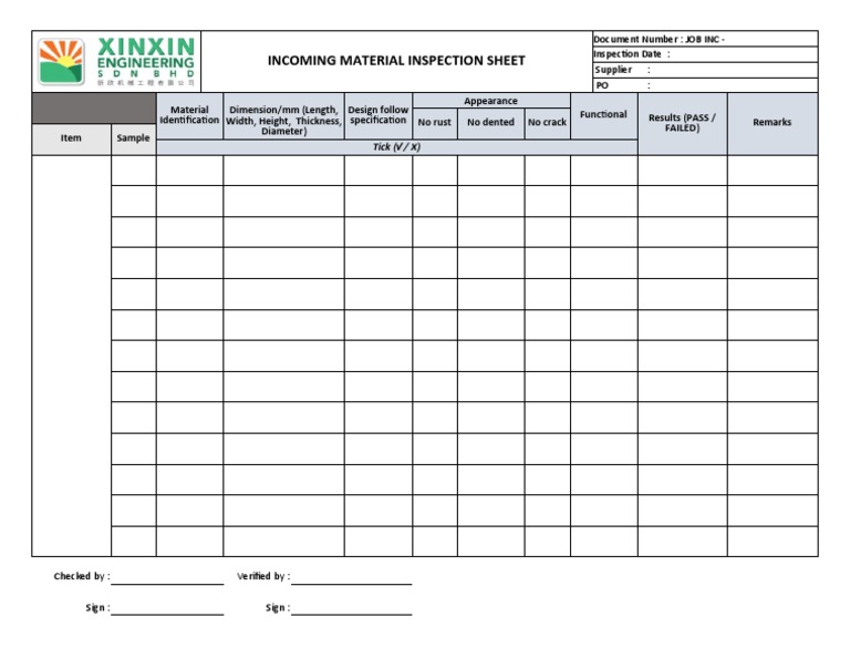 Incoming Material Inspection Checksheet | PDF