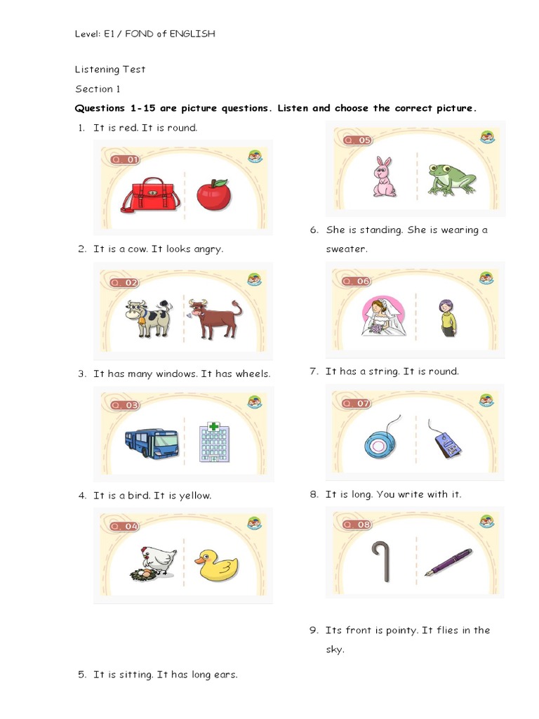 Questions 1-15 Are Picture Questions. Listen and Choose The Correct ...