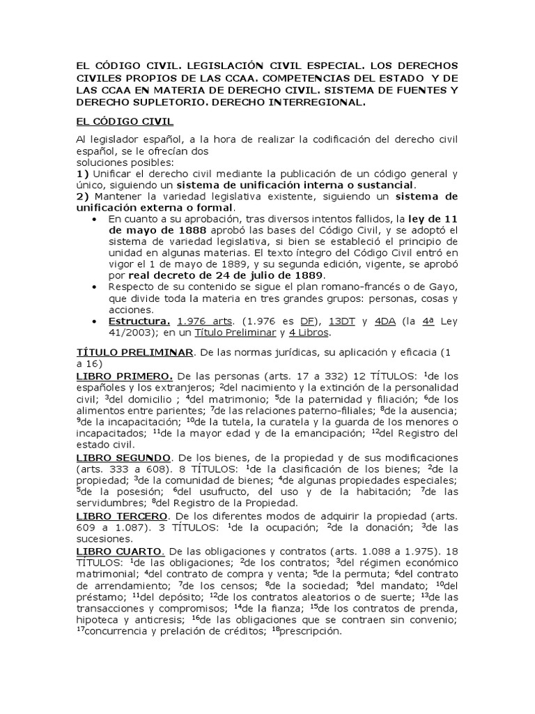EL CÓDIGO CIVIL. LEGISLACIÓN CIVIL ESPECIAL. LOS DERECHOS CIVILES PROPIOS DE LAS CCAA ...